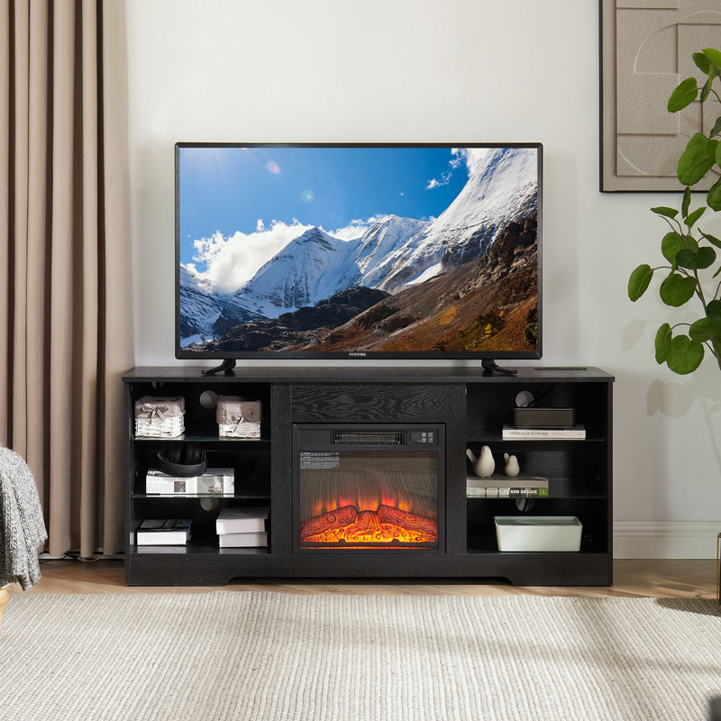 TV Stand with Electric Fireplace LED Lights and USB Charging Outlet Orren Ellis Color Black